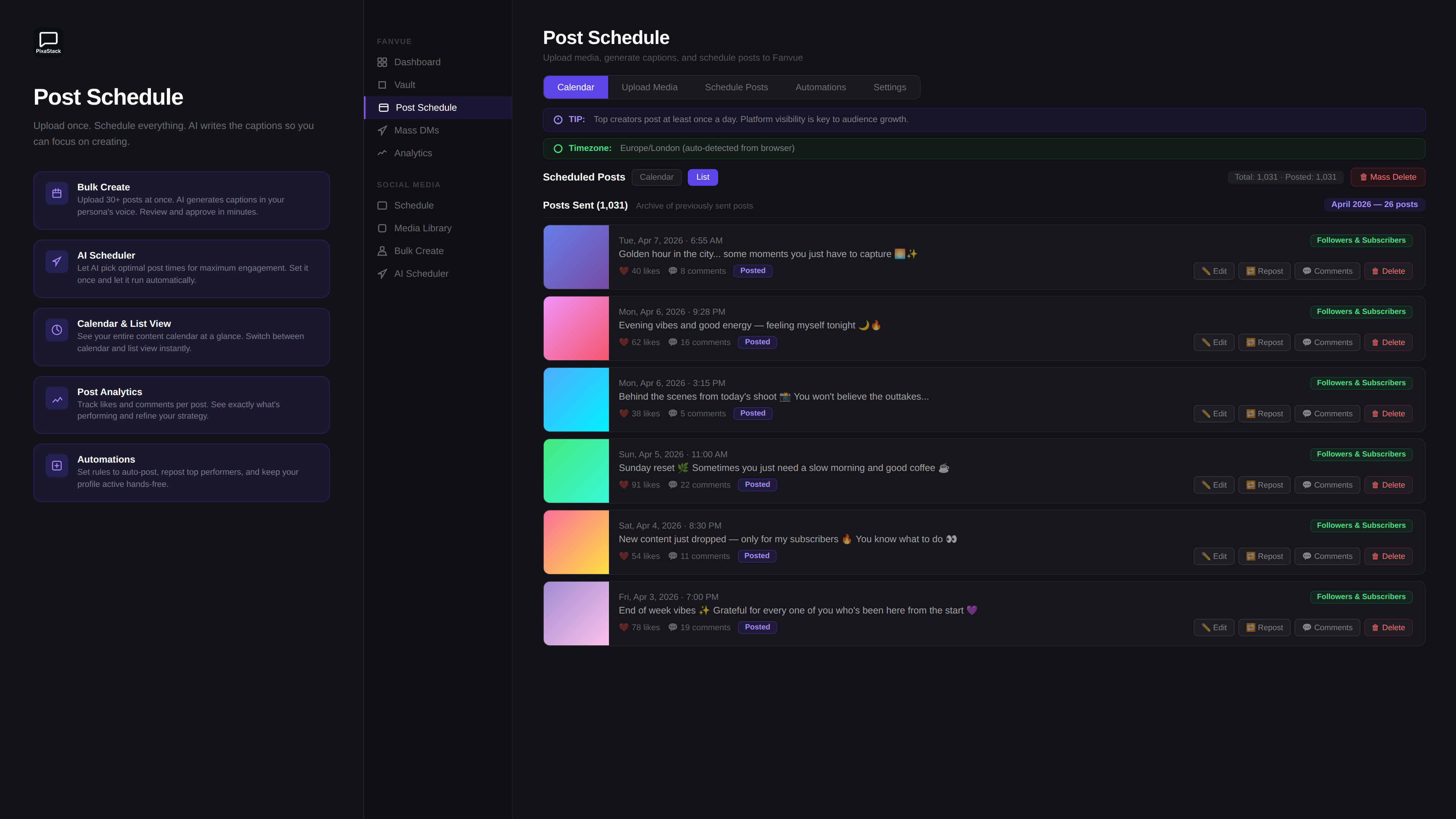 PixaStack — All-in-One Fanvue Management Platform